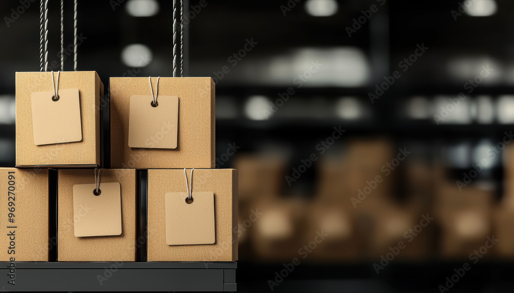 Quality control tags attached to boxes on a warehouse shelf, product ...