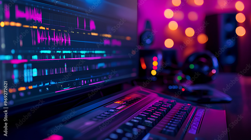 Close-up of audio-video editing software screen with waveforms and ...