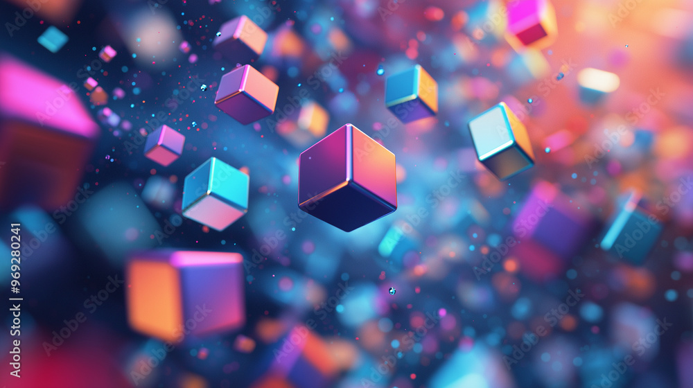 A vibrant and colorful 3D arrangement of cubes and rectangular prisms ...