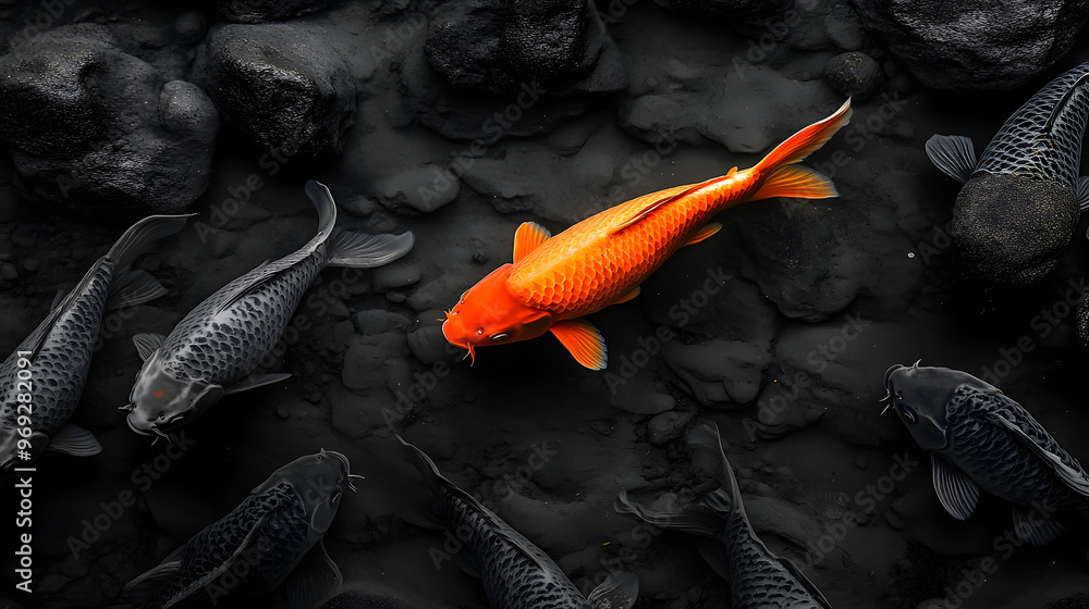 High-Definition Image of a Single Orange Koi Fish Among Grey Koi Fish ...