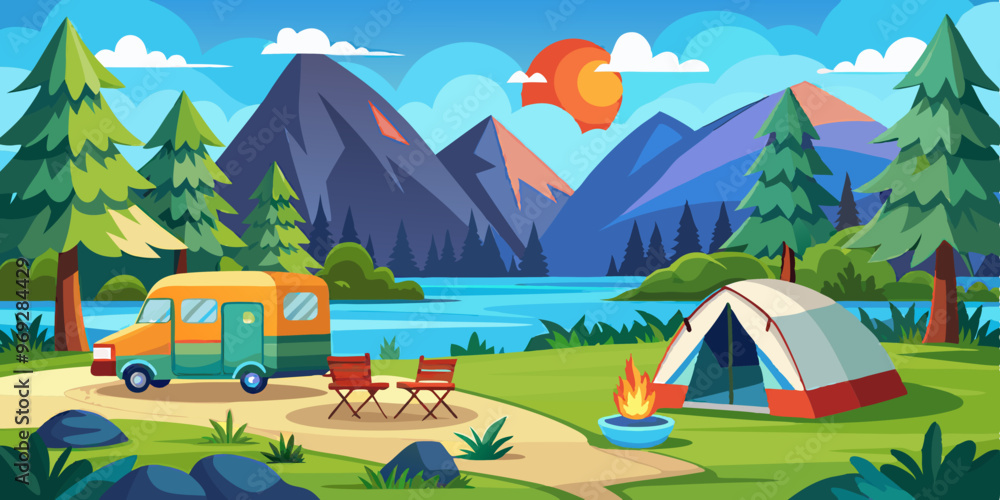 Cartoon camping. Summer nature scene with trailer tent and bonfire ...
