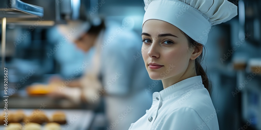 A focused female chef working in a modern kitchen. She wears a crisp ...