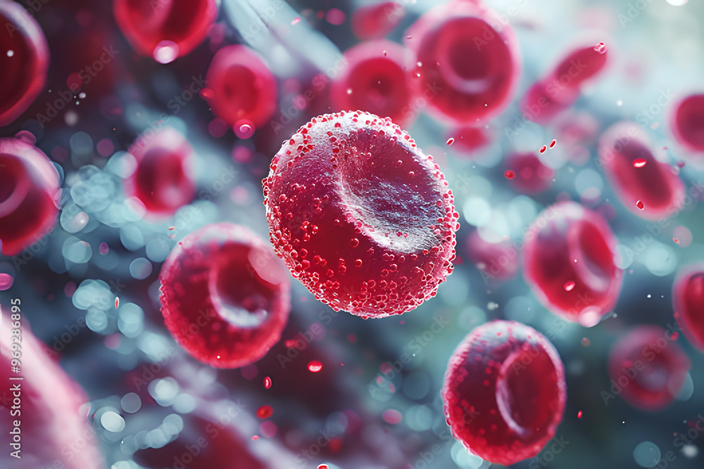 Close up by microscope of Red blood cells flowing in vessel ...