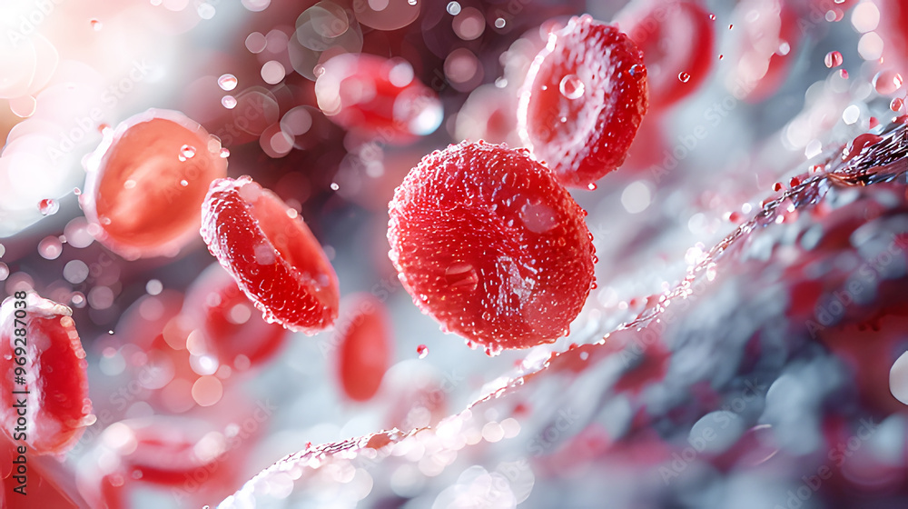 Close up by microscope of Red blood cells flowing in vessel ...
