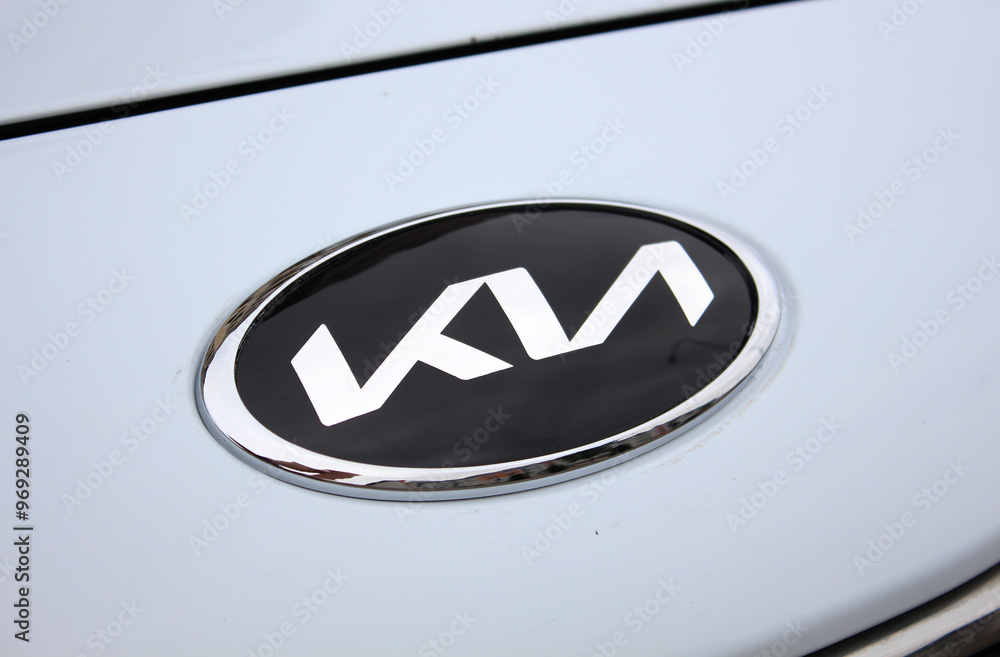 Vinnytsia, Ukraine; September 04, 2024. Close up KIA logo. White Kia ...