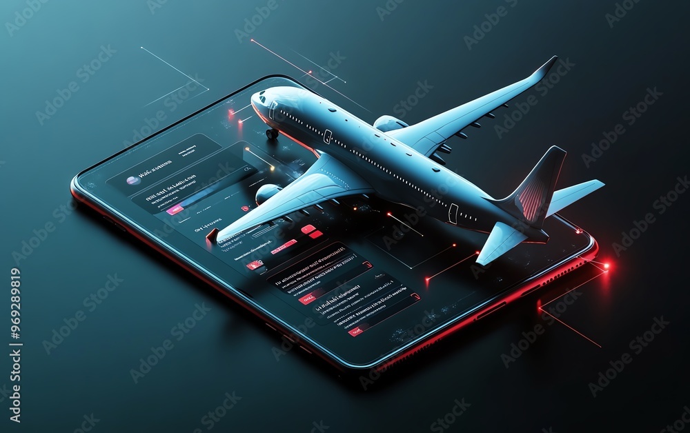 3D scene of airplane with modern booking elements, online travel ...
