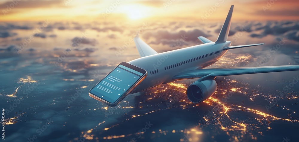 Airplane with mobile app interface for modern travel booking, 3D ...