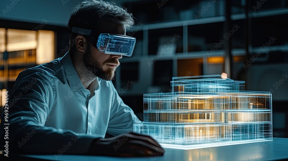 A futuristic scene of an architect presenting a virtual walkthrough of ...