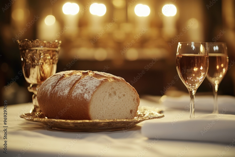 Midnight Mass communion table with bread and wine, close-up of the ...