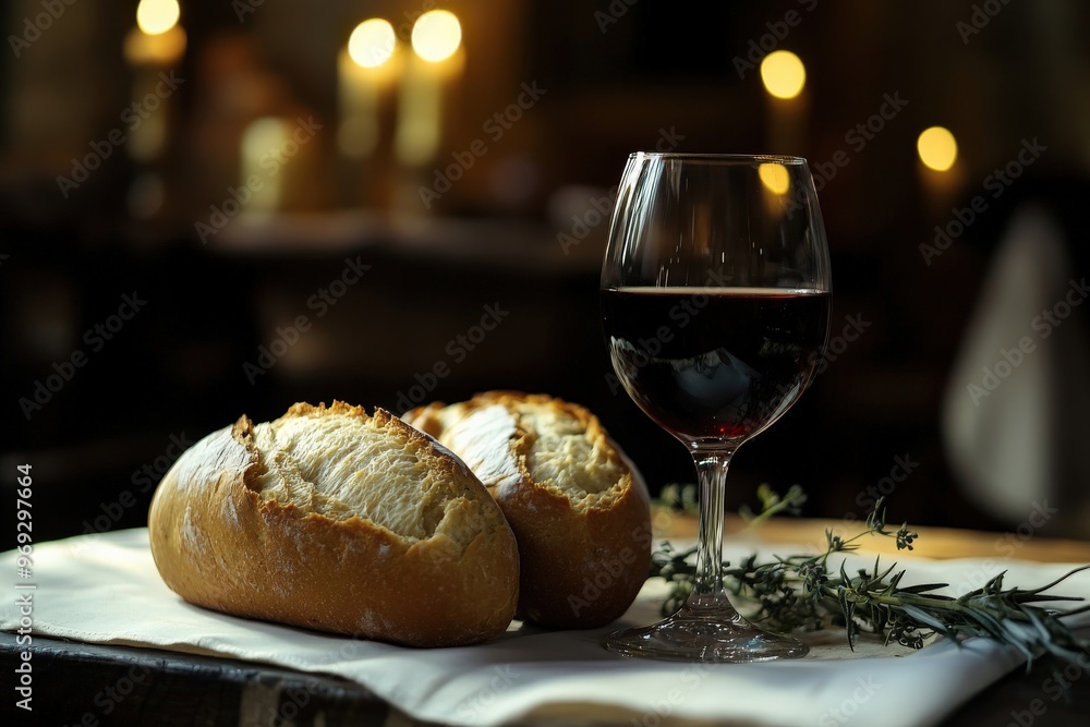 Midnight Mass communion table with bread and wine, close-up of the ...