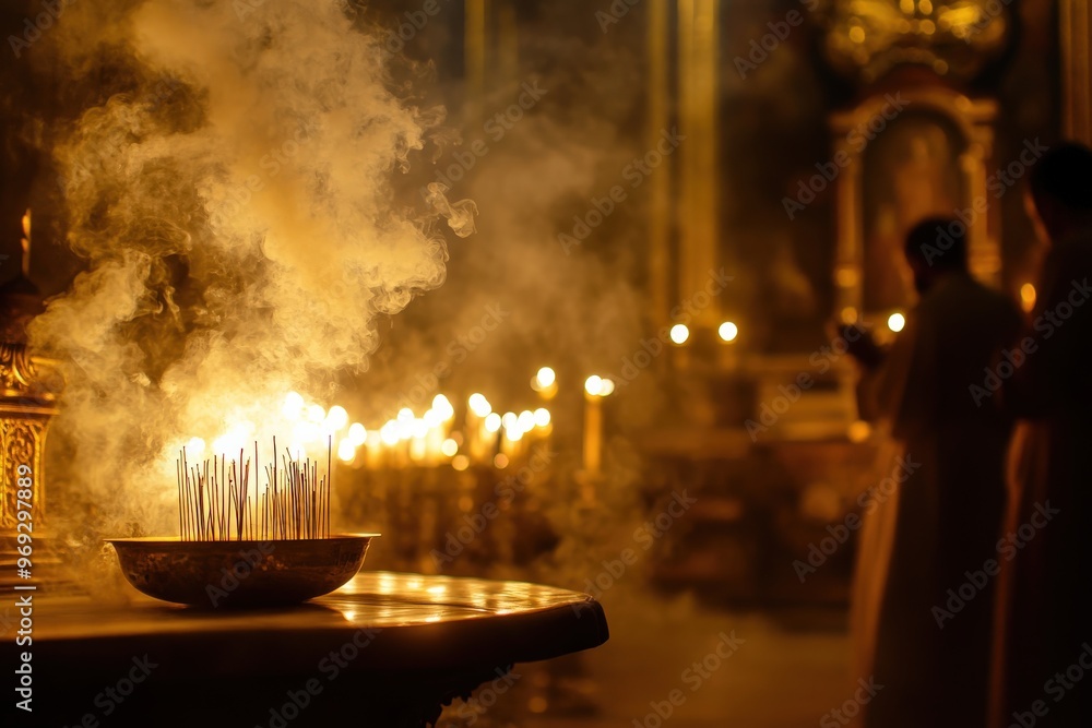 Incense burning at the altar during Midnight Mass, soft trail of ...