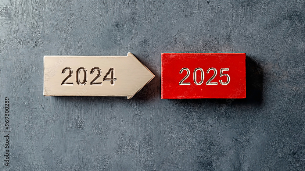 Directional signpost indicating year change from 2024 to 2025 ...