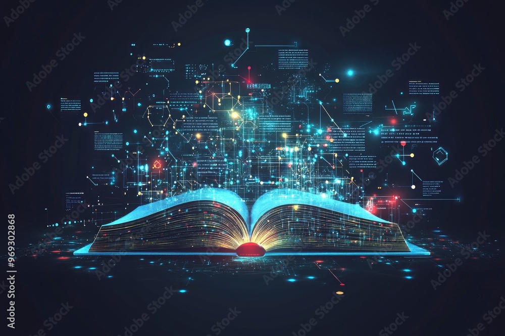 Learn online book in digital futuristic style. Infographics and book ...