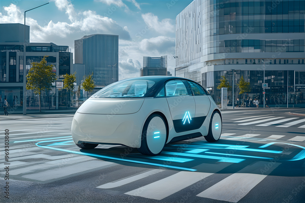 Autonomous car and taxi against futuristic city. Full self driving car ...