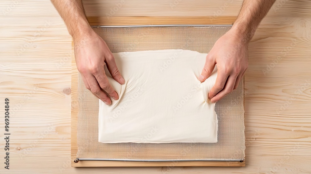 Hands forming pulp sheets on a mesh screen in an artisan paper-making ...