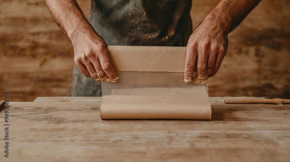 Hands forming pulp sheets on a mesh screen in an artisan paper-making ...