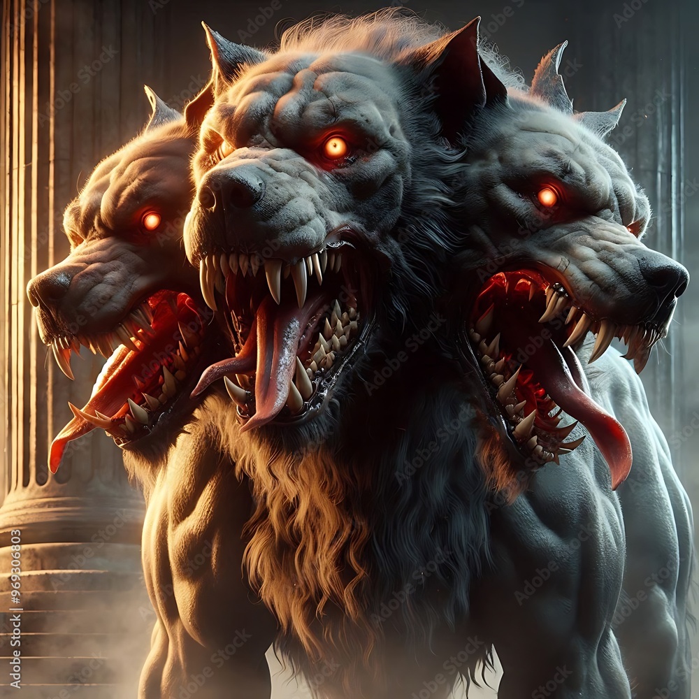 Cerberus, the legendary three-headed hellhound, stands imposingly at ...