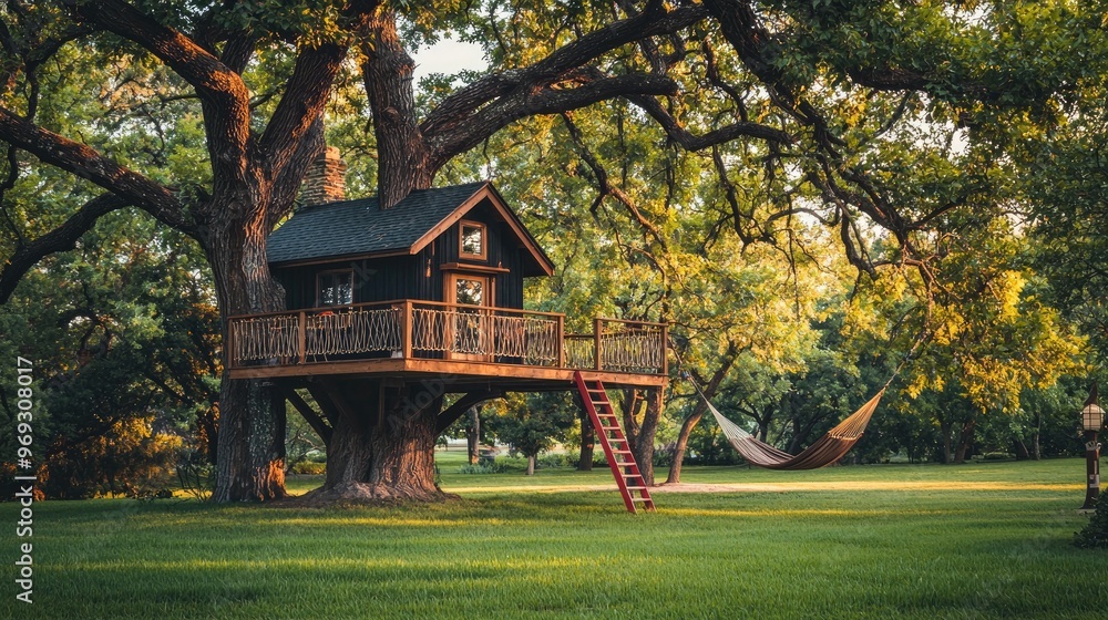 A treehouse built on the trunk of an old oak in a park, rope and wood ...