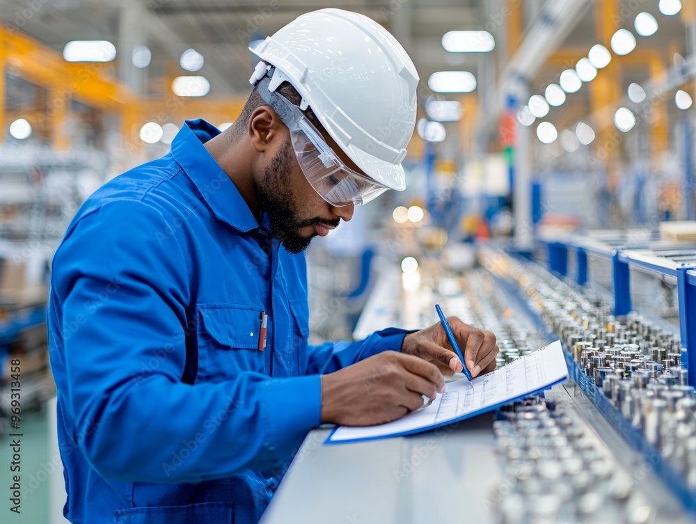 Engineer holding a checklist and marking products on an assembly line ...