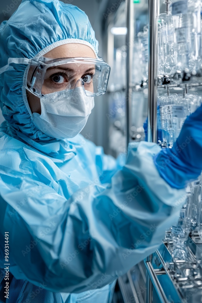 Worker conducting final product checks in a sterile lab environment ...