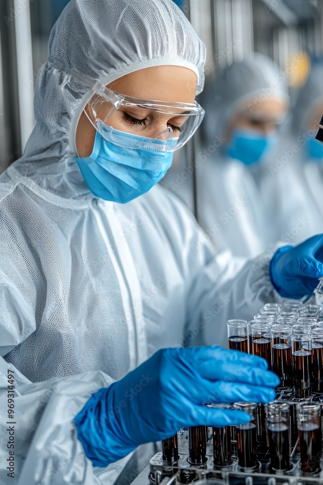 Worker conducting final product checks in a sterile lab environment ...