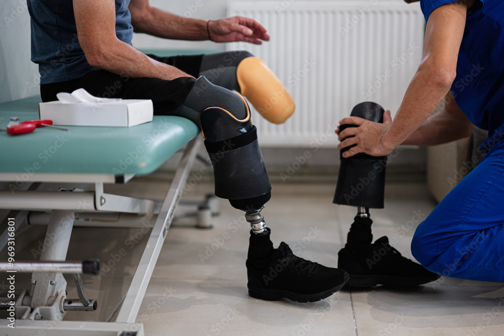 Prosthetic fitting and adjustment in rehabilitation clinic Stock Photo ...