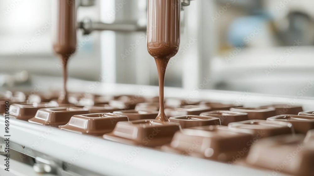 Liquid chocolate flowing through pipes into molds in a production line ...