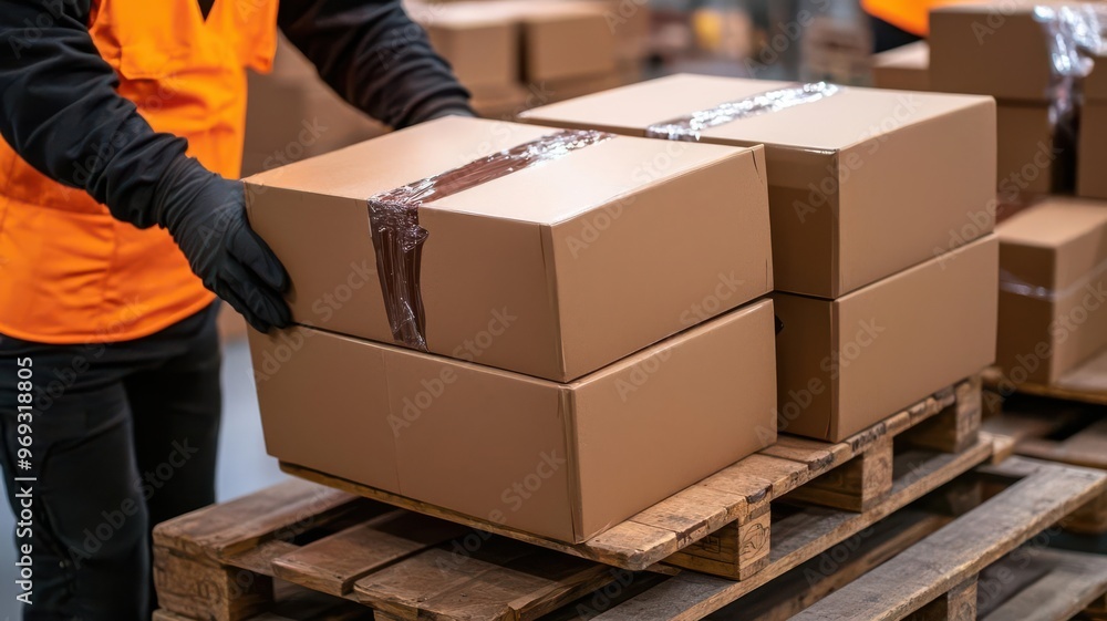 Workers loading boxes of packaged chocolate onto pallets for ...