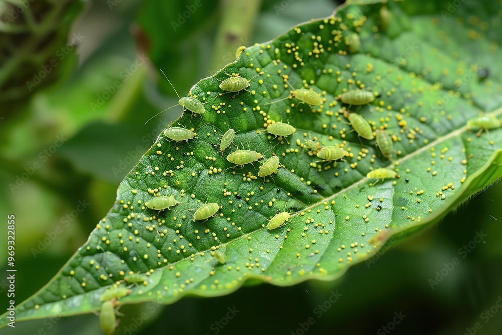 Ants and Aphids. Insect pests. Little black aphid Colony on a green ...