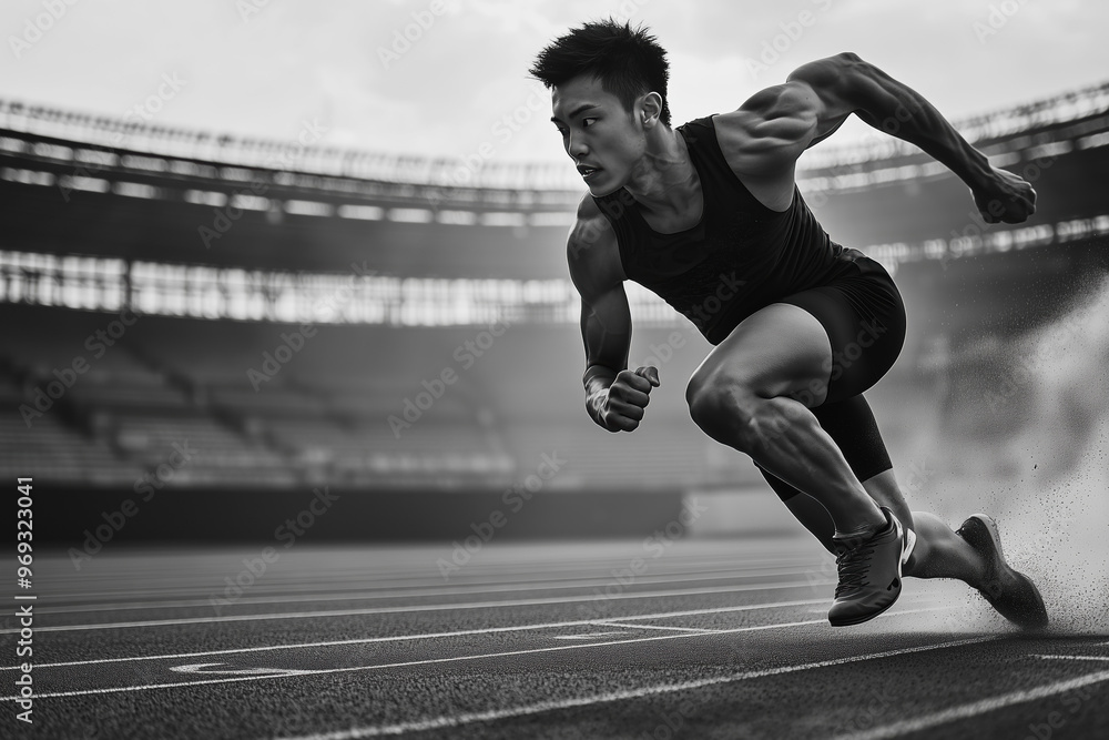 Muscular Asian athlete bursts into powerful sprint on stadium track ...