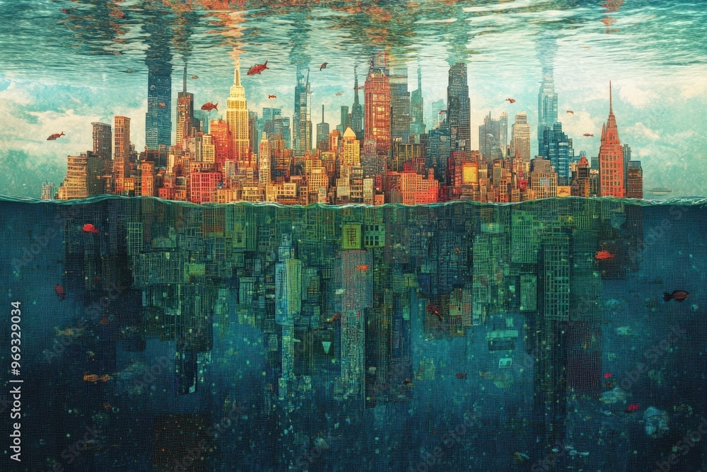 Retro 16-Bit Underwater City with Pixelated Buildings and Open Water ...