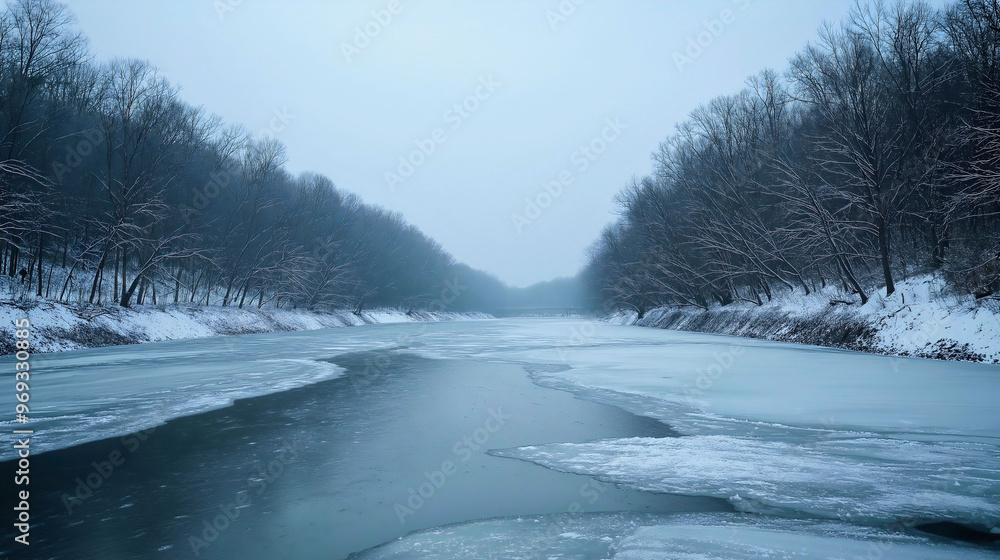 Beautiful frozen lake in a winter landscape, surrounded by snow and ice ...