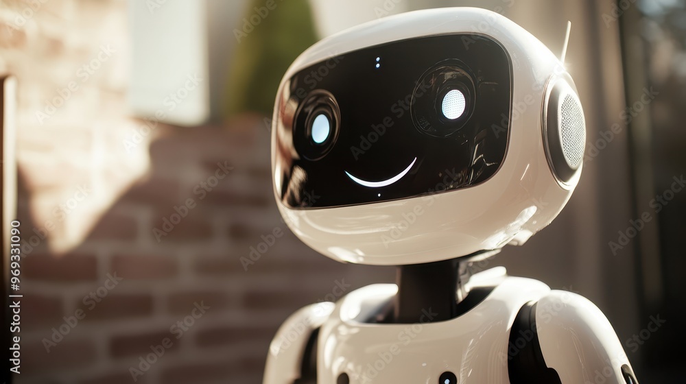 Robot smiling warmly, close-up focusing on its emotional responsiveness ...