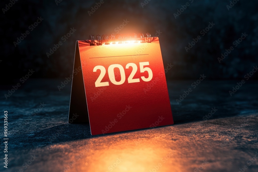 Red calendar "2025" with monthly planner on black background, used for ...