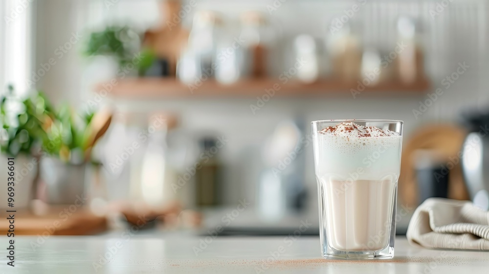 Frothy glass of cow's milk with cocoa powder on top, modern kitchen ...