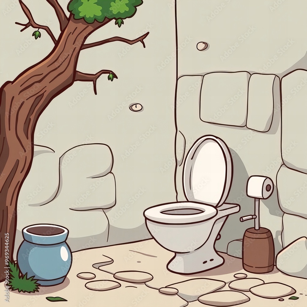 cartoon illustration of a toilet in a bathroom with a tree in the ...