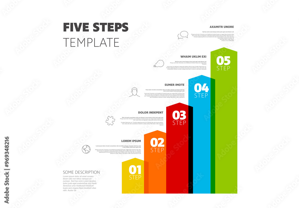 Color vertical five arrows steps infographic template with icons and ...