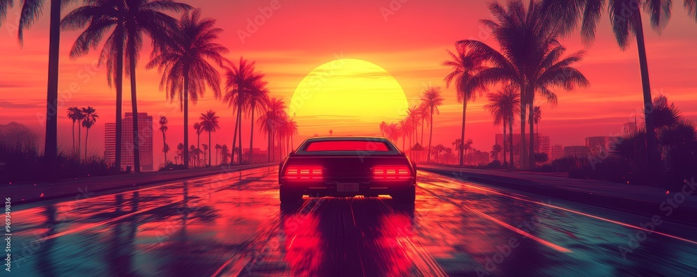Retro California Highway Drive - 80s Style Generative Illustration with ...