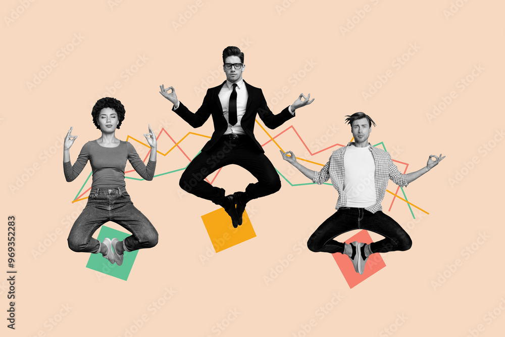 Creative trend collage of funny colleagues meditate teamwork calm ...
