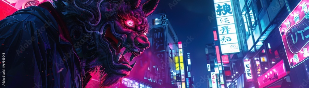 Japanese Oni in a neon Tokyo, blending traditional demon folklore with ...
