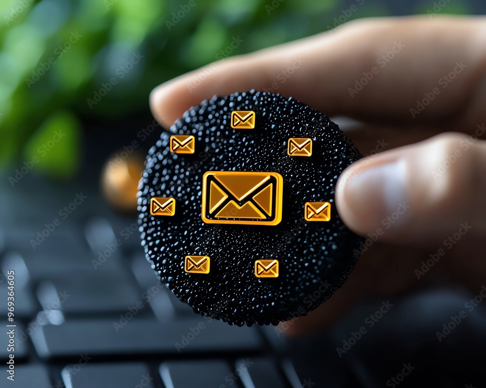 Hand holding an innovative email icon on a textured background ...