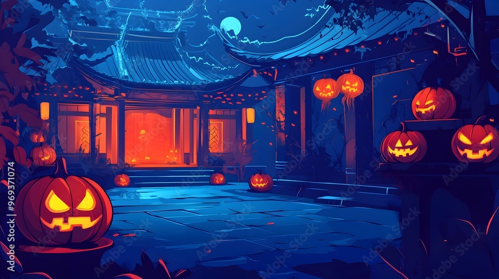 Haunted Temple Courtyard with Glowing Jack o Lanterns in Asian Festival ...
