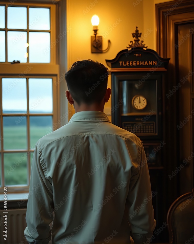there is a man standing in front of a grandfather clock. Stock Photo ...