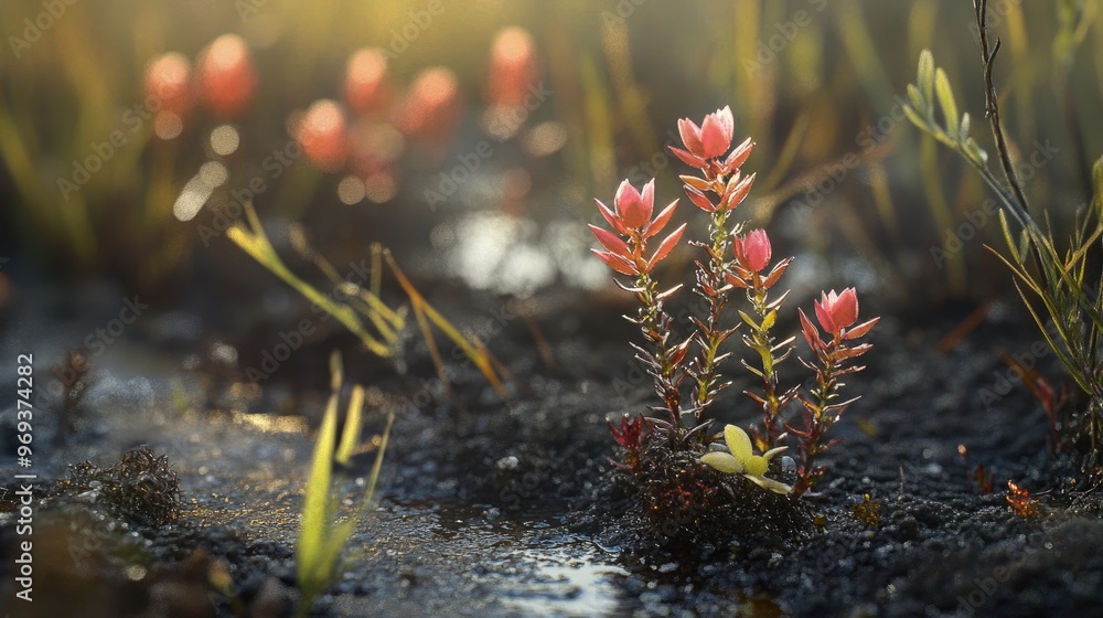 Intricate details of tiny plants on a nature trail in a bog, captured ...