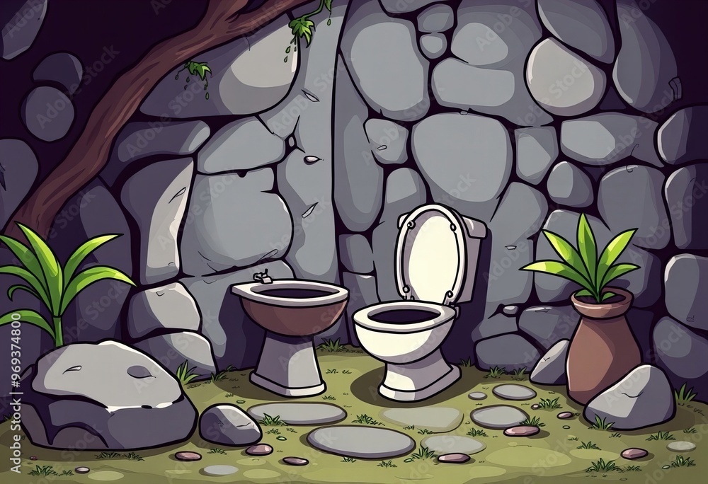 cartoon illustration of a toilet in a stone walled bathroom. Stock ...