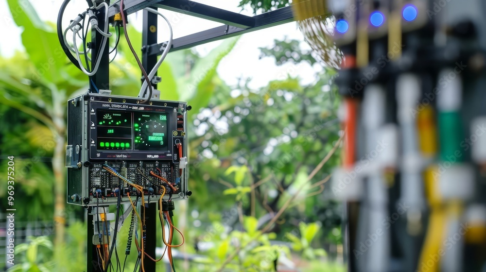 IoT sensor network monitoring environmental conditions and sending data to a central system with ...