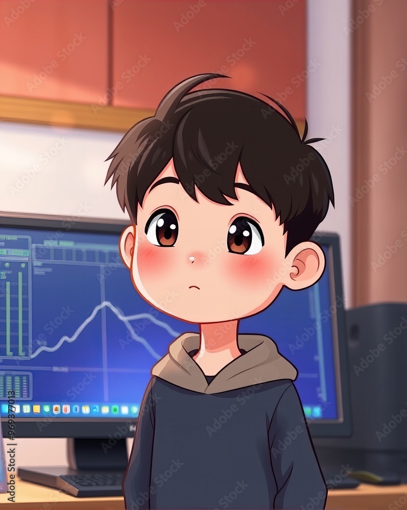 anime boy in front of computer monitor with a chart on screen. Stock ...