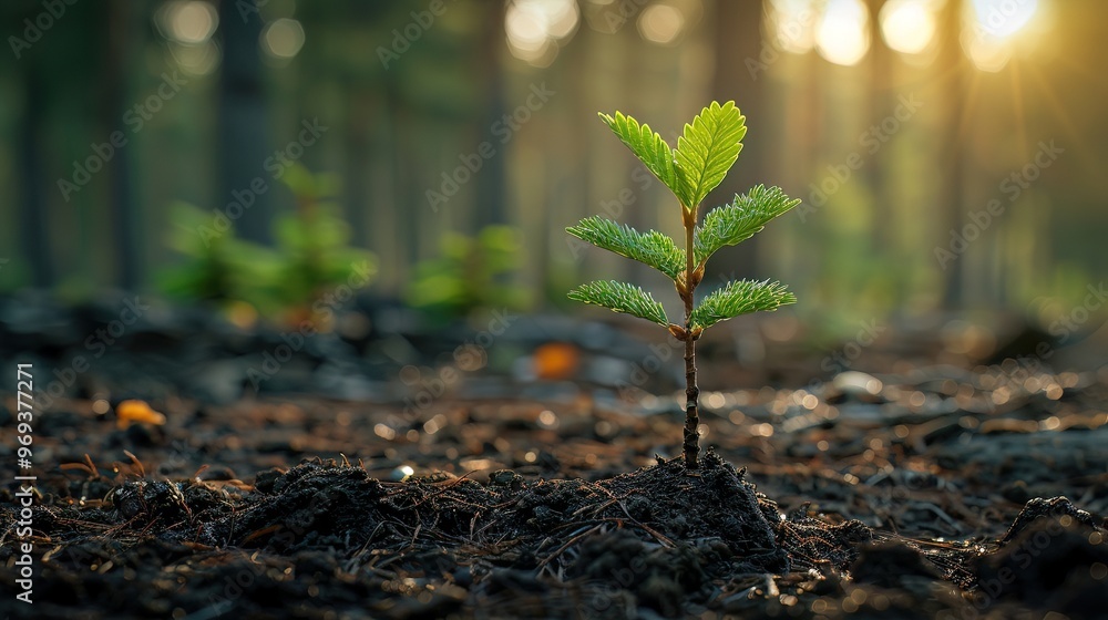 New pine tree sapling, forest floor, text space for reforestation and ...