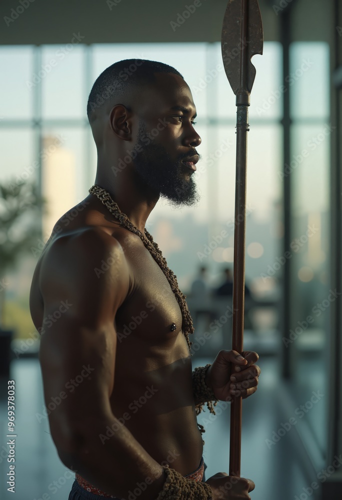 Proud aboriginal warrior stands with spear, strength and tradition ...
