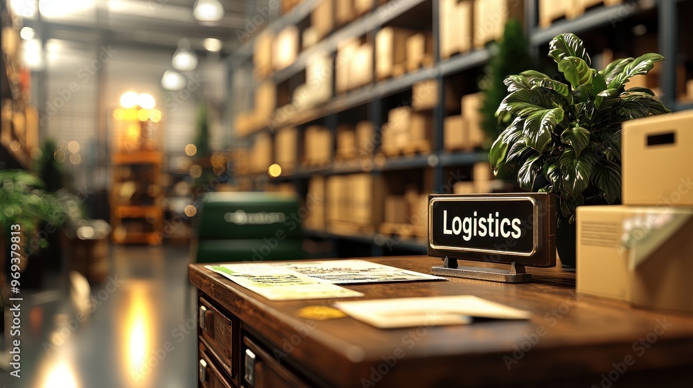 Logistics office desk with sign documents and plants in a busy ...